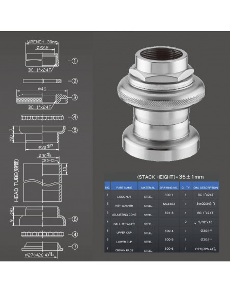 CLASSIC BICYCLE THREADED HEADSET 1" NECO TRADITIONAL CHROME NICKEL